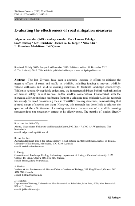 (PDF) Evaluating the effectiveness of road mitigation measures
