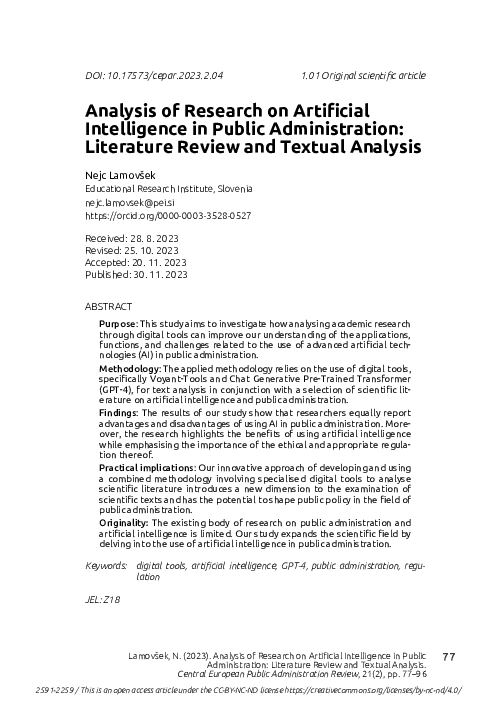 (PDF) Analysis of Research on Artificial Intelligence in Public Administration: Literature ...