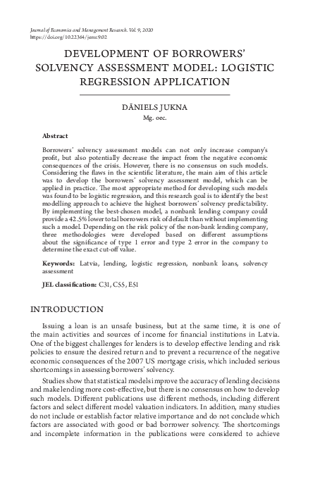 (PDF) Development of Borrowers’ Solvency Assessment Model: Logistic ...