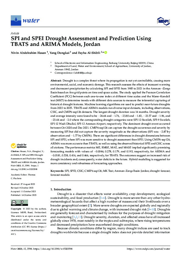 (PDF) SPI and SPEI Drought Assessment and Prediction Using TBATS and ARIMA Models, Jordan