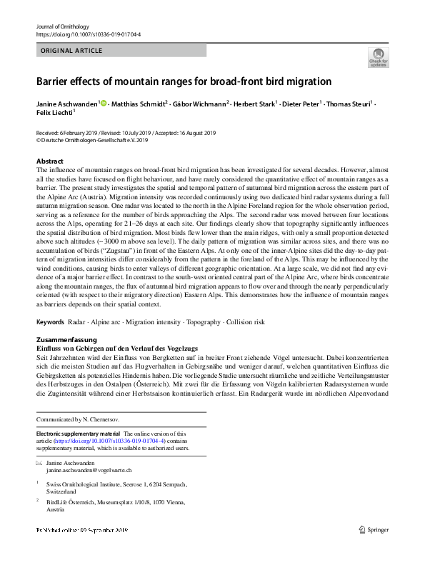 (PDF) Barrier effects of mountain ranges for broad-front bird migration