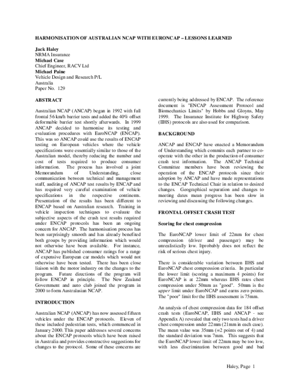 (PDF) Harmonisation of Australian NCAP with EuroNCAP: lessons learned