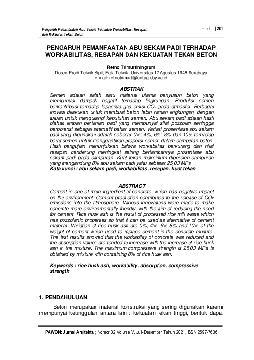 (PDF) Pengaruh Pemanfaatan Abu Sekam Padi Sebagai Bahan Pengganti Semen Terhadap Workabiliitas ...