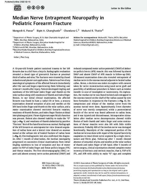 (PDF) Median Nerve Entrapment Neuropathy in Pediatric Forearm Fracture ...