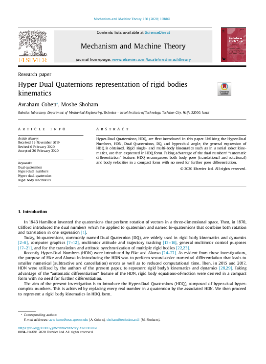 (PDF) Hyper Dual Quaternions representation of rigid bodies kinematics