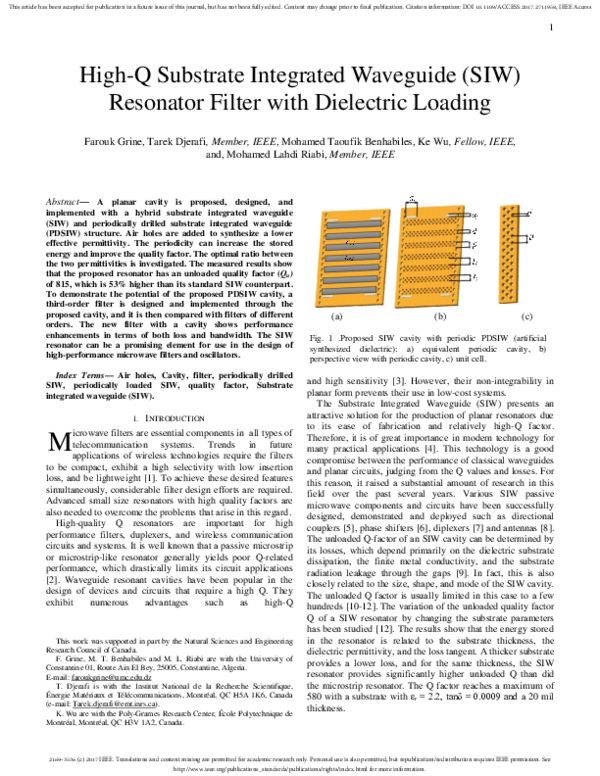 (PDF) High-Q Substrate-Integrated-Waveguide Resonator with Degenerate ...