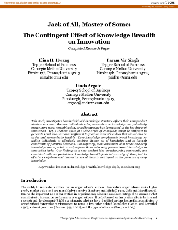 (PDF) Jack of All, Master of Some: The Contingent Effect of Knowledge Breadth on Innovation
