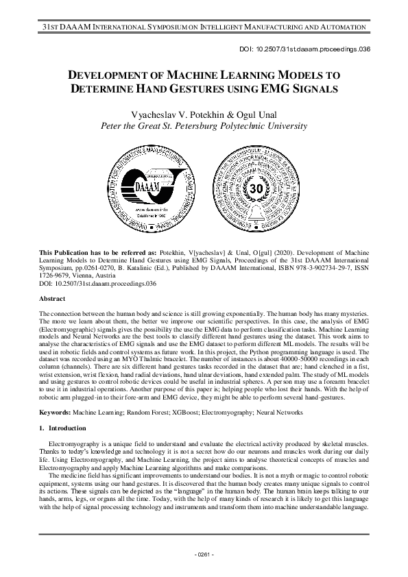 (PDF) Development of Machine Learning Models to Determine Hand Gestures using EMG Signals