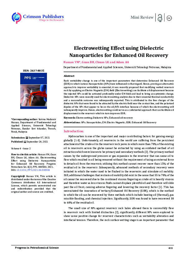 (PDF) Electrowetting Effect using Dielectric Nanoparticles for Enhanced Oil Recovery
