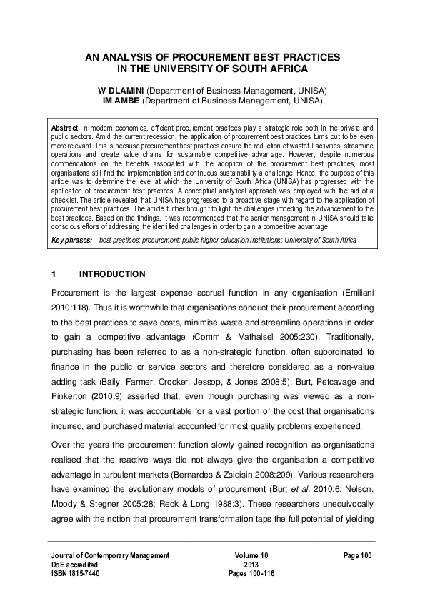 (PDF) An analysis of procurement best practices in the University of ...