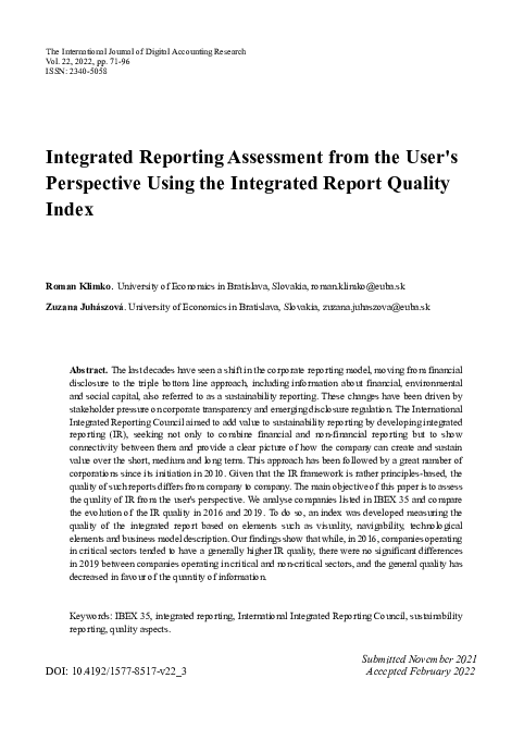 (PDF) Integrated Reporting Assessment from the User's Perspective Using the Integrated Report ...