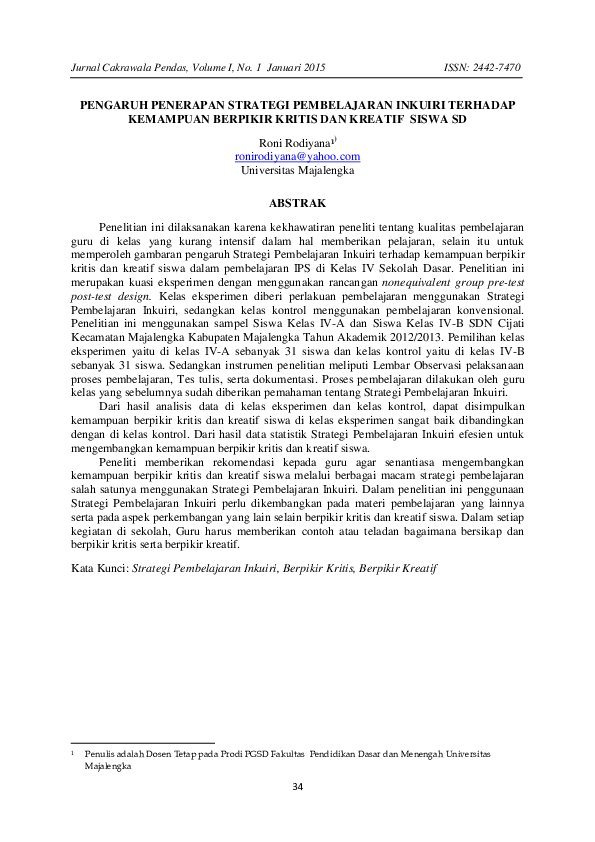 (PDF) Pengaruh Penerapan Strategi Pembelajaran Inkuiri Terhadap Kemampuan Berpikir Kritis Dan ...