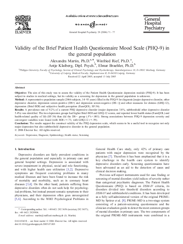 (PDF) Validity of the Brief Patient Health Questionnaire Mood Scale ...
