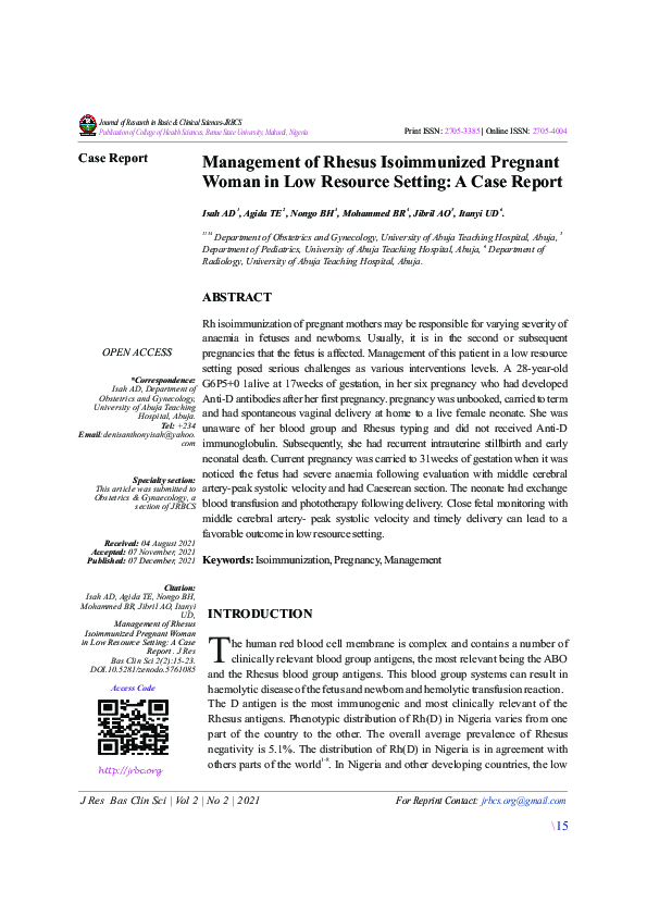 (PDF) Management of Rhesus Isoimmunized Pregnant Woman in Low Resource ...