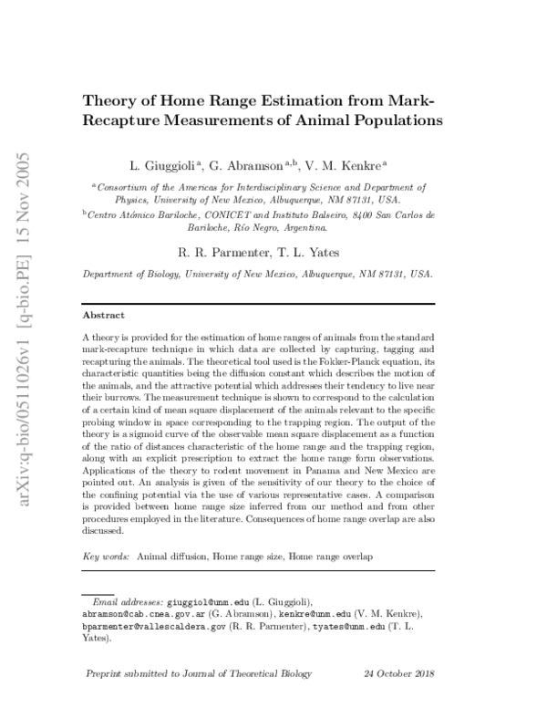 (PDF) Theory of Home Range Estimation from Mark-Recapture Measurements of Animal Populations ...