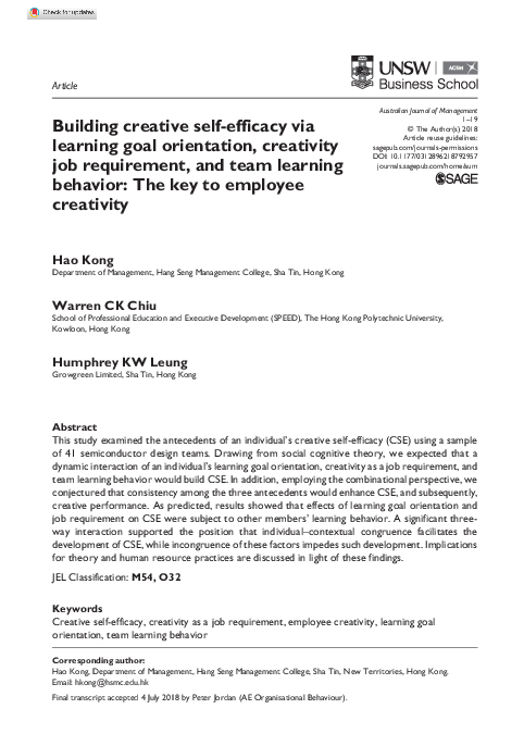 (PDF) Building creative self-efficacy via learning goal orientation, creativity job requirement ...