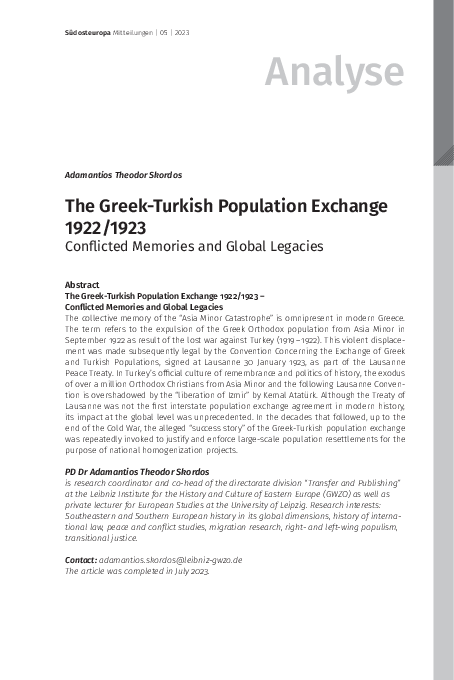 (PDF) The Greek-Turkish Population Exchange 1922/1923-Conflicted ...
