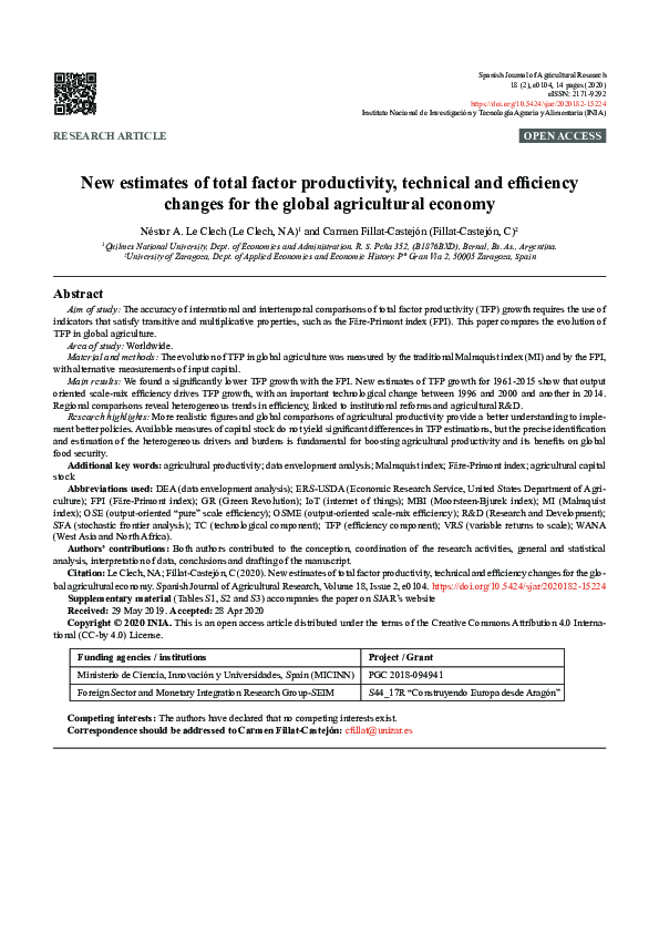 (PDF) New estimates of total factor productivity, technical and ...