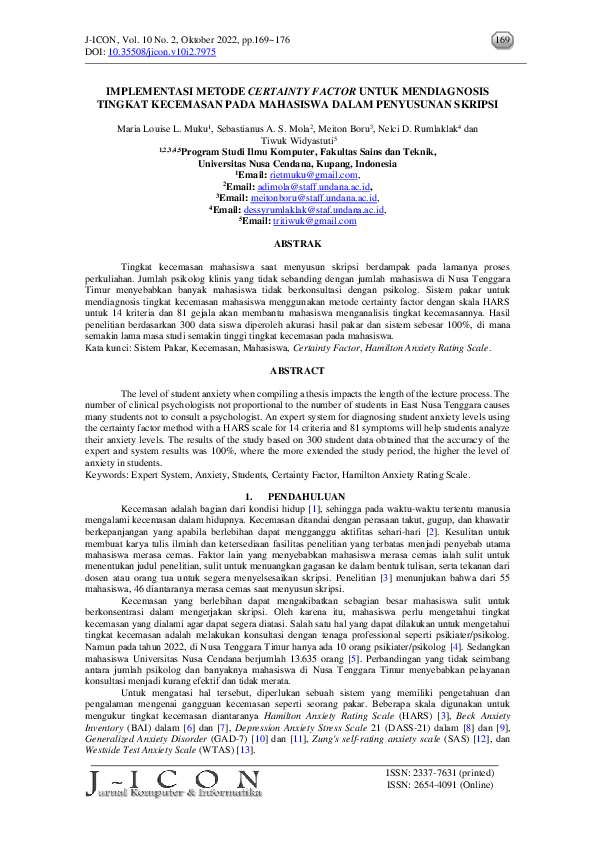 (PDF) Expert System for Diagnosis of Students Anxiety Level in the Undergraduate Thesis ...