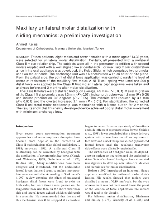(PDF) Maxillary unilateral molar distalization with sliding mechanics ...