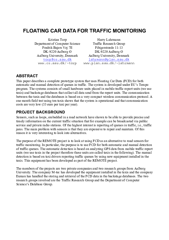 Pdf Floating Car Data For Traffic Monitoring