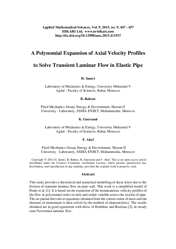 (PDF) A polynomial expansion of axial velocity profiles to solve transient laminar flow in ...