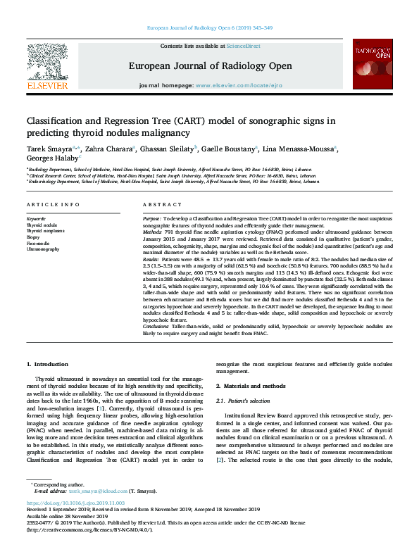 (PDF) Classification and Regression Tree (CART) model of sonographic signs in predicting thyroid ...