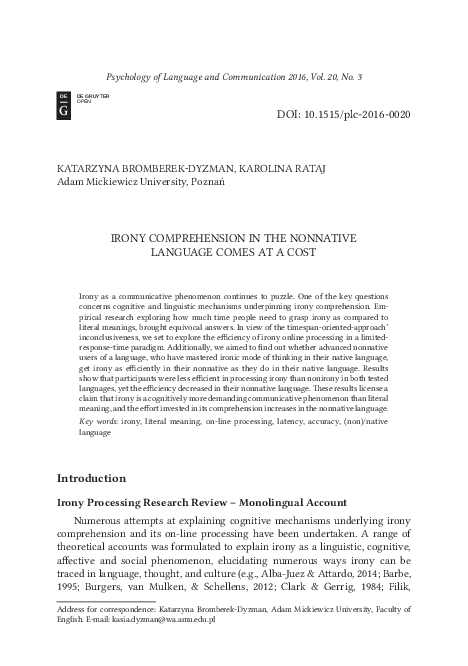(PDF) Irony Comprehension in the Nonnative Language Comes at a Cost