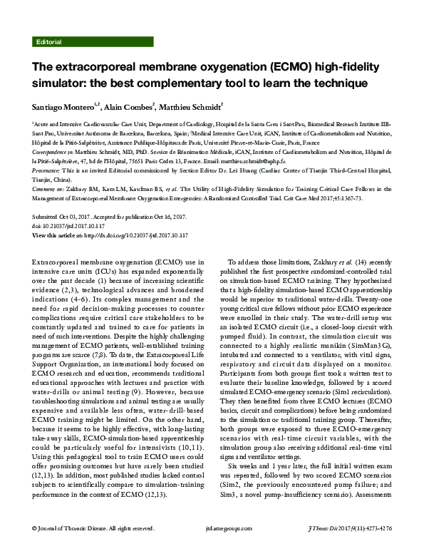(PDF) The extracorporeal membrane oxygenation (ECMO) high-fidelity simulator: the best ...