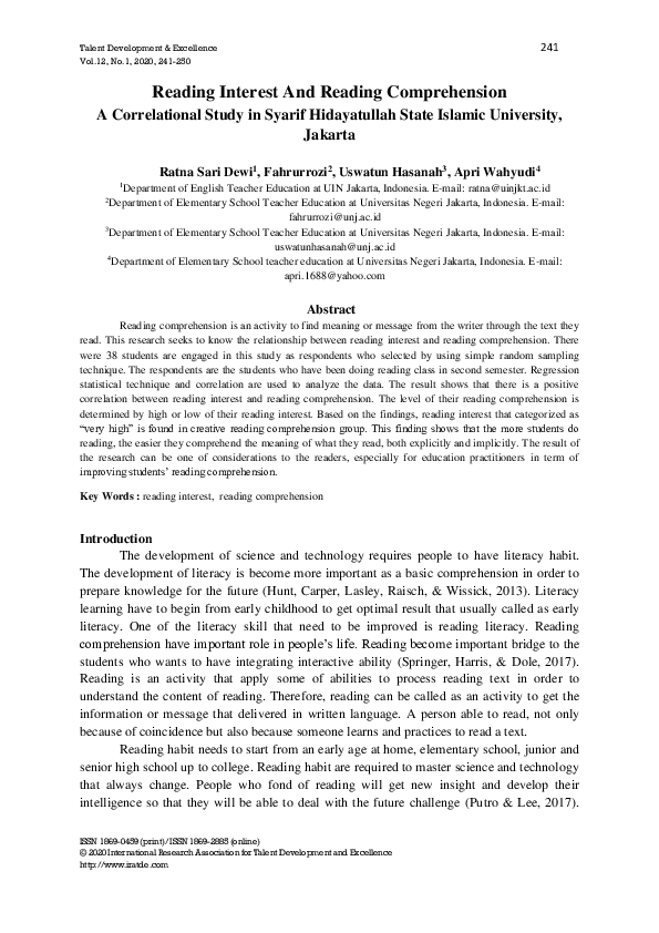 (PDF) Reading Interest And Reading Comprehension A Correlational Study in Syarif Hidayatullah ...