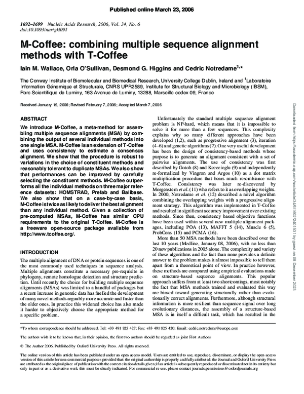 (PDF) M-Coffee: combining multiple sequence alignment methods with T-Coffee | Cedric Notredame ...