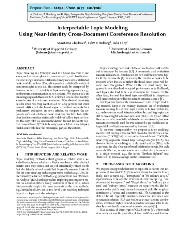 (PDF) Interpretable Topic Modeling Using Near-Identity Cross-Document Coreference Resolution
