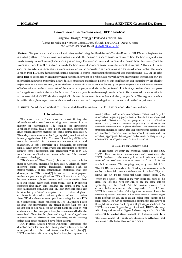 (PDF) Sound Source Localization using HRTF database