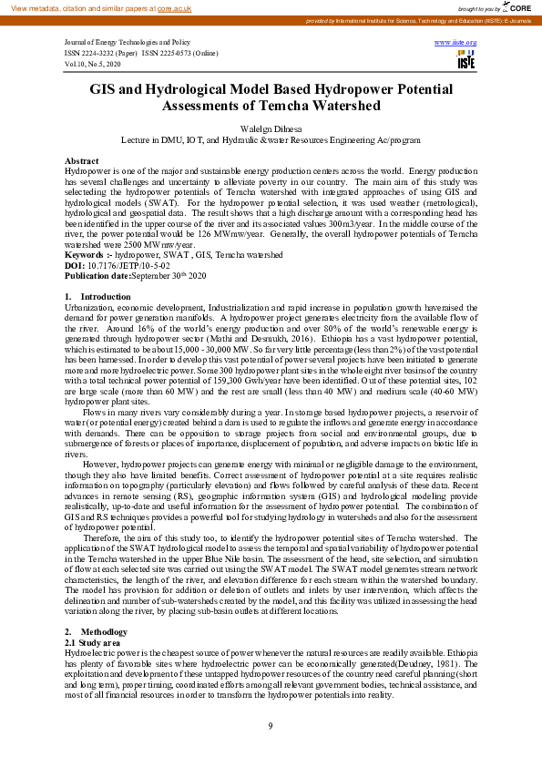 (PDF) GIS and Hydrological Model Based Hydropower Potential Assessments of Temcha Watershed