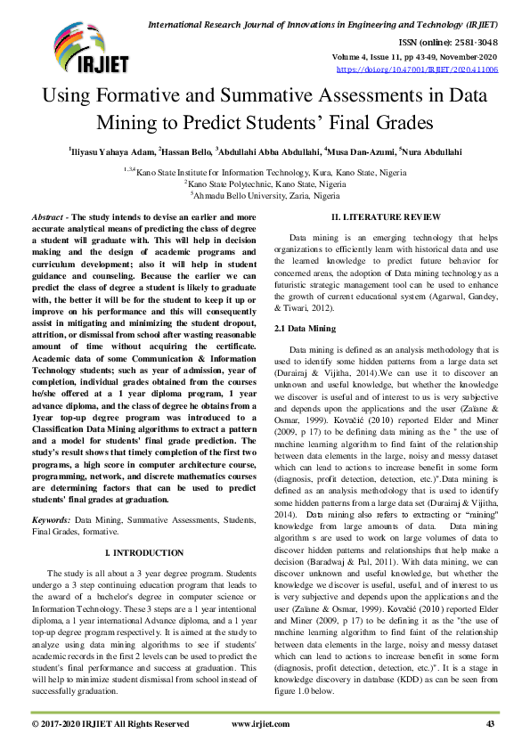 (PDF) Using Formative and Summative Assessments in Data Mining to Predict Students‟ Final Grades