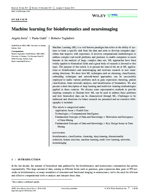 (PDF) Machine learning for bioinformatics and neuroimaging
