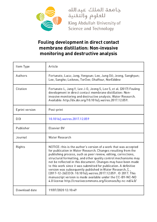 (PDF) Fouling development in direct contact membrane distillation: Non-invasive monitoring and ...