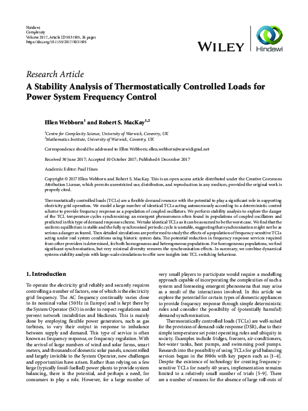 (PDF) A Stability Analysis of Thermostatically Controlled Loads for Power System Frequency Control