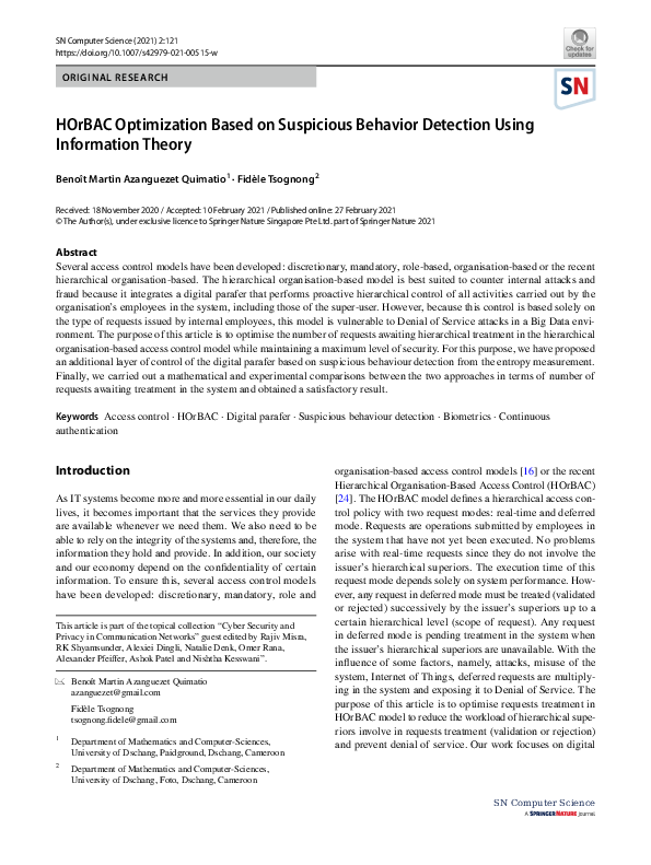 (PDF) Optimizing HOrBAC with Suspicious Behavior Detection (PDF) Optimizing HOrBAC with Suspicious Behavior Detection