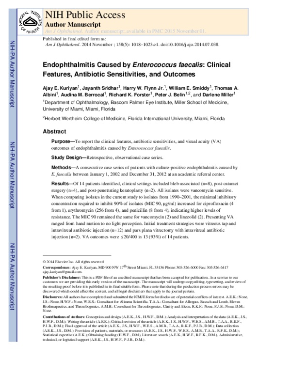 (PDF) Endophthalmitis Caused by Enterococcus faecalis: Clinical ...