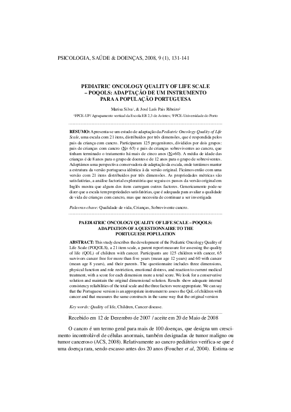 (PDF) Paediatric oncology quality of life scale–POQOLS: adaptation of a ...