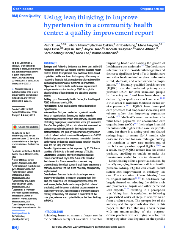 (PDF) Using lean thinking to improve hypertension in a community health centre: a quality ...