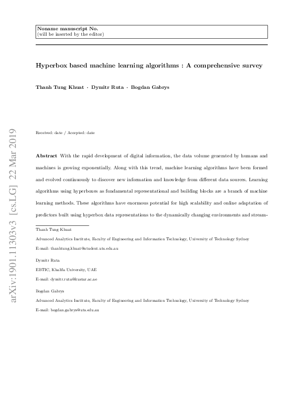 (PDF) Hyperbox based machine learning algorithms: A comprehensive survey