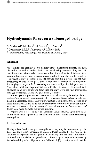 (PDF) Hydrodynamic Forces On A Submerged Bridge | Stefano Malavasi - Academia.edu