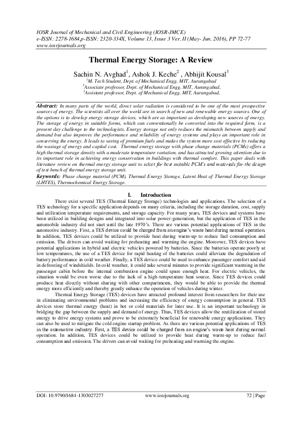 (PDF) Thermal Energy Storage : A Review