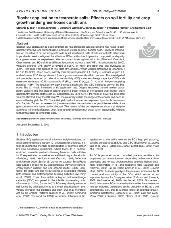 (PDF) Biochar application to temperate soils - effects on soil fertility and crop yield