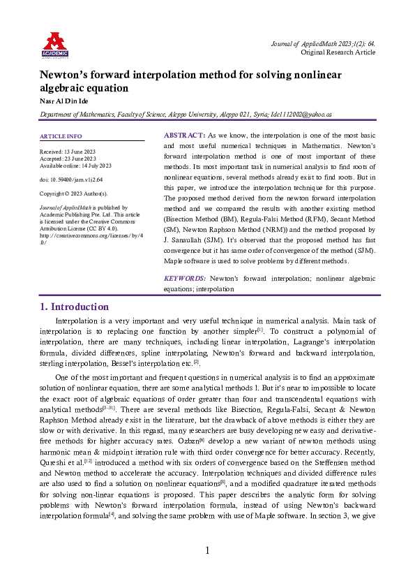 Pdf Newtons Forward Interpolation Method For Solving Nonlinear 5093