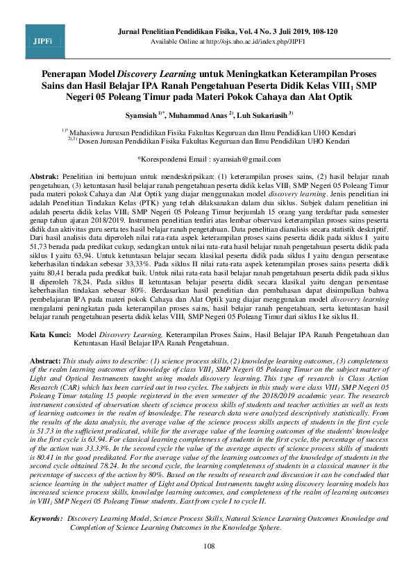 (PDF) Penerapan Model Discovery Learning untuk Meningkatkan Keterampilan Proses Sains dan Hasil ...