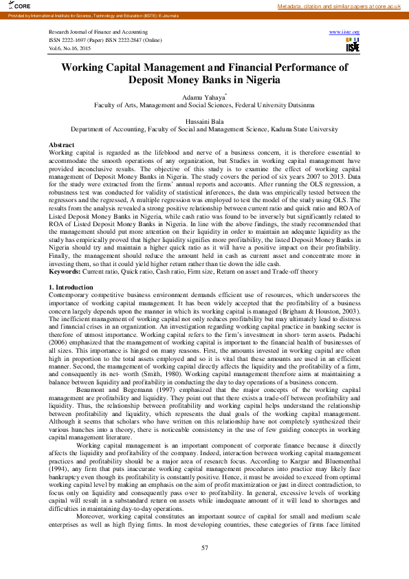 (PDF) Working Capital Management and Financial Performance of Deposit Money Banks in Nigeria