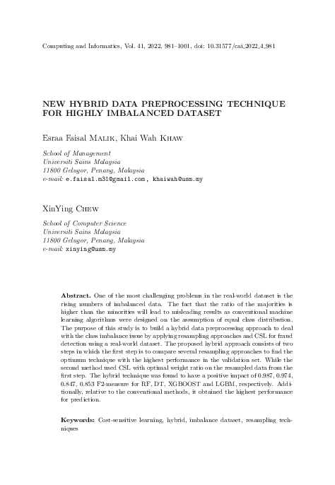 (PDF) New Hybrid Data Preprocessing Technique for Highly Imbalanced Dataset (PDF) New Hybrid Data Preprocessing Technique for Highly Imbalanced Dataset